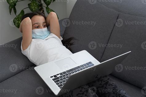 Closeup Photo Of Little Pupil School Girl Talk Notebook Online Lesson