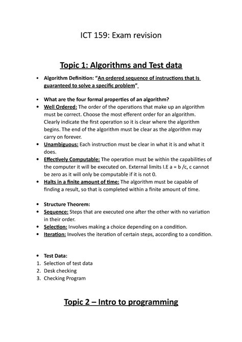 ICT Exam Revistion Lecture Note ICT Exam Revision Topic Algorithms And Test