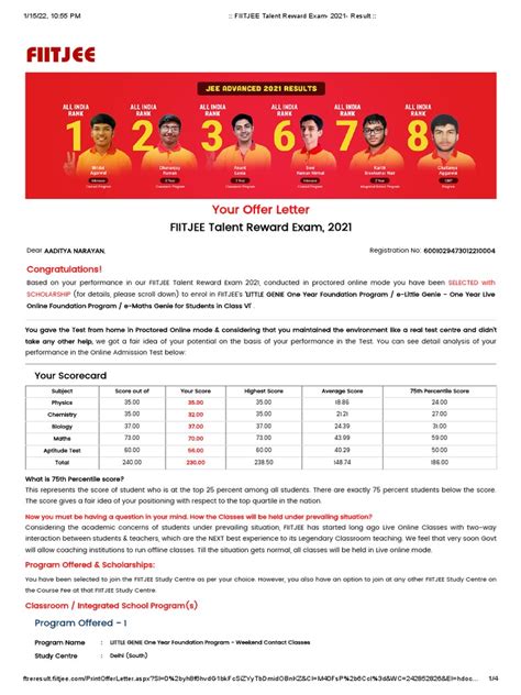 Aditya Fiitjee Talent Reward Exam 2021 Result Pdf Test Assessment Fee