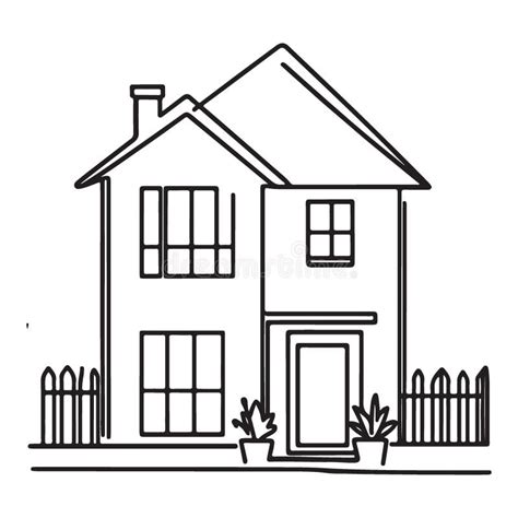 Cozy House Outline Drawing With Tree Landscape Illustration Design