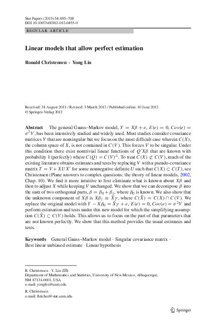 Pdf Reshetov La Linear Models That Allow Perfect Estimation