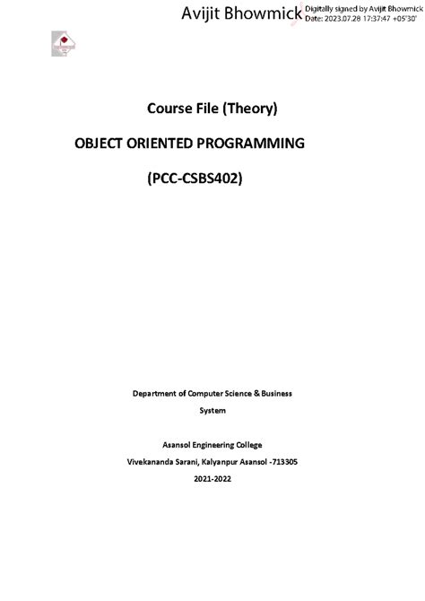 Object Oriented Programming Oop Theory Csbs Course File Studocu