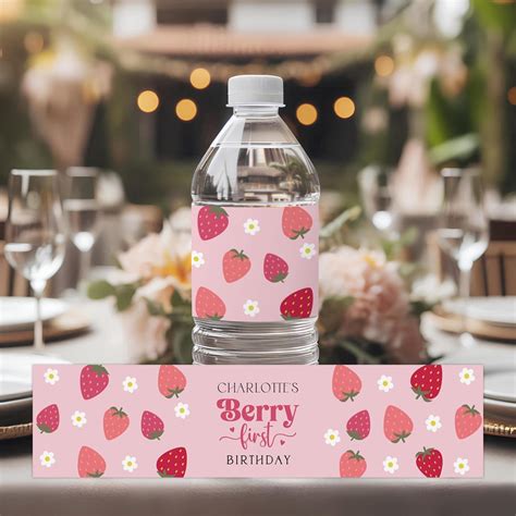 Strawberry First Birthday Water Bottle Labels Editable Printable
