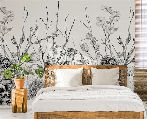 Vintage Botanical Black And White Wallpaper Self Adhesive