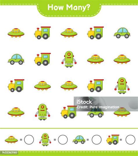 카운팅 게임 얼마나 많은 기차 로봇 캐릭터 자동차 그리고 Ufo 교육 어린이 게임 인쇄 가능한 워크 시트 벡터 일러스트 레이 션 0명에 대한 스톡 벡터 아트 및 기타 이미지