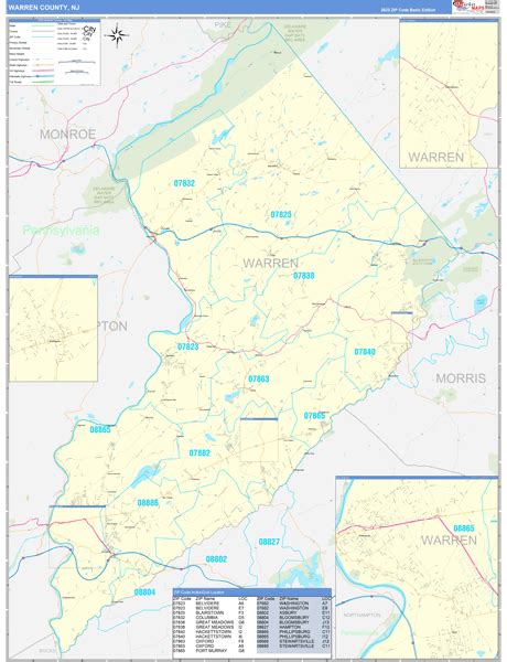 Warren County Nj Zip Code Wall Map Basic Style By Marketmaps Mapsales