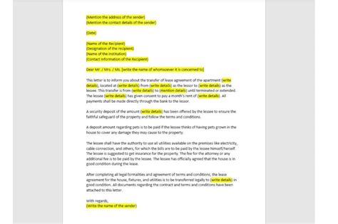 Lease Agreement Transfer Letter Template Lease Agreement Transfer