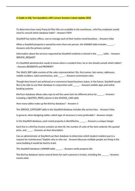 A Guide To Sql Test Questions With Correct Answers Latest Update 2025 Sql Stuvia Us