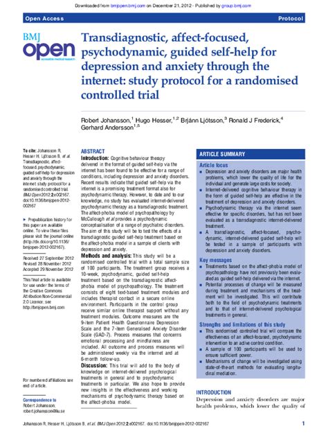 Pdf Web Based Psychodynamic Self Help For Anxiety