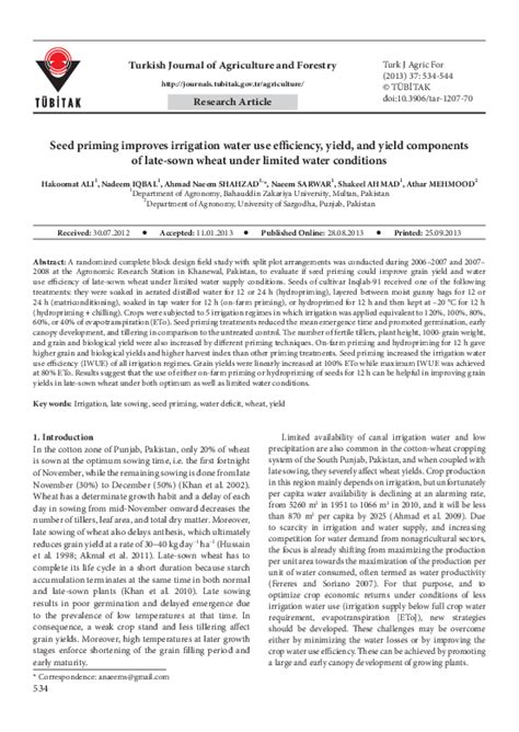 Pdf Seed Priming Improves Irrigation Water Use Efficiency Yield And