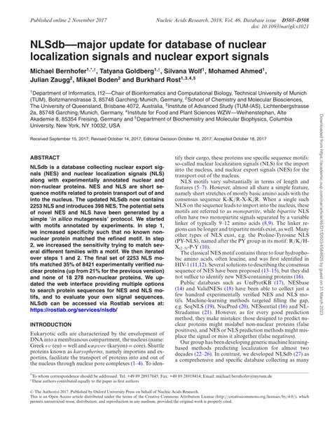Pdf Nlsdb Major Update For Database Of Nuclear Localization Signals