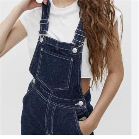 Pull And Bear Denim Dungarees In Dark Blue Denim Depop
