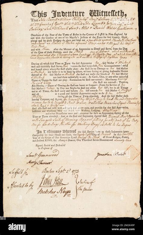 Document Of Indenture Servant Barbour Elizabeth Master Balch Jonathan Town Of Master