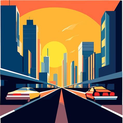 Modern City Highway In Lights Of Sunrise Vector Illustration Premium