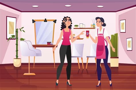 배경 만화 스타일의 사람들 장면이 있는 미용실 개념 소녀는 미용실에 왔습니다 프리미엄 벡터