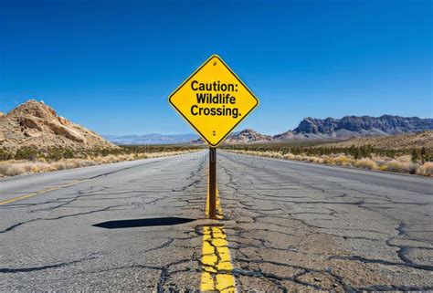 Wildlife Crossing Sign On Desert Highway Generative Ai Stock