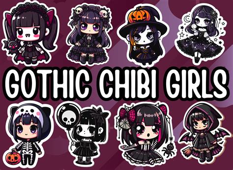 Gothic Chibi Girls Clipart Bundle Illustration Par Upcha Patch