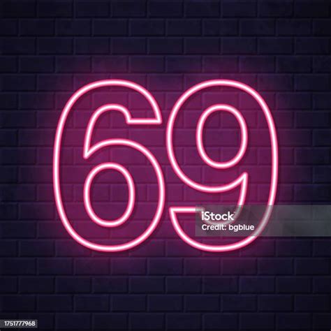 69 Number Sixtynine Glowing Neon Icon On Brick Wall Background Stock