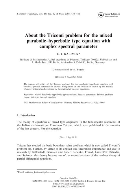 Pdf About The Tricomi Problem For The Mixed Parabolic Hyperbolic Type Equation With Complex