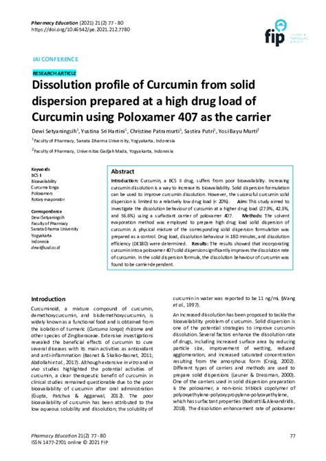 Pdf Dissolution Profile Of Curcumin From Solid Dispersion Prepared At A High Drug Load Of
