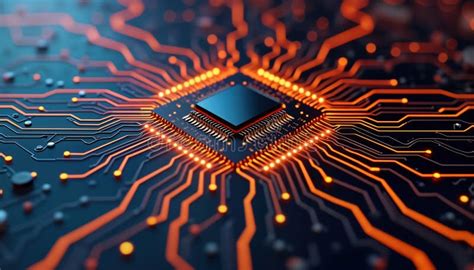 Modern Abstract Tech Circuit Board Background Orange Glowing Lines Glowing Dots On Dark Board