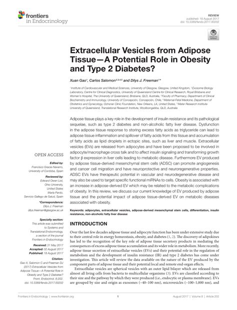Pdf Extracellular Vesicles From Adipose Tissue—a Potential Role In Obesity And Type 2 Diabetes