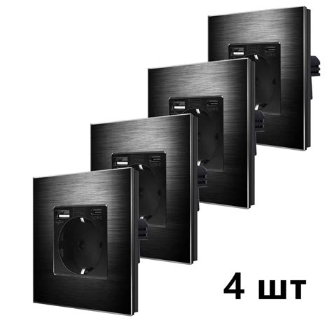 Розетка электрическая 1 поста с Usb Type C рамка 86х86мм Черный 4 шт купить по низкой цене