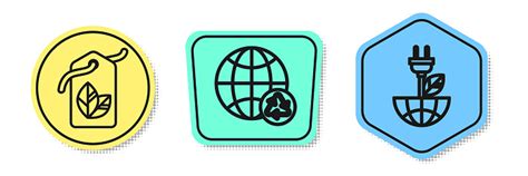 잎 기호 행성 지구와 잎에 재활용 및 전기 절약 플러그와 라인 태그를 설정합니다 컬러 셰이프입니다 벡터 0명에 대한 스톡 벡터 아트 및 기타 이미지 Istock