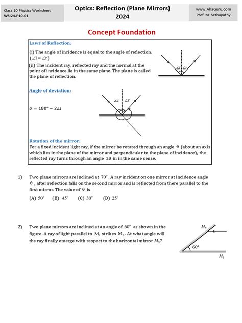 Optics Worksheet Ws 24p1001 Pdf Reflection Physics Mirror
