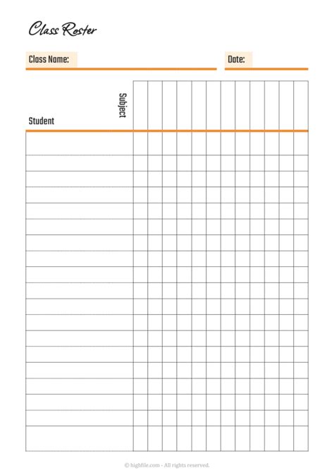 Blank Class Roster Template Word Pdf Highfile