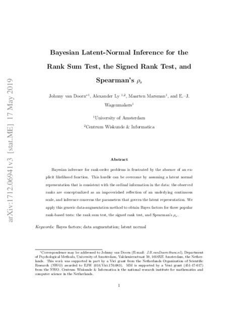 Pdf Bayesian Latent Normal Inference For The Rank Sum Test The