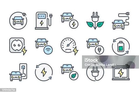전기 자동차 및 하이브리드 차량 색상 라인 아이콘 세트 에코 주유소 및 자동 충전 선형 아이콘 배터리 전원 및 대체 에너지원은 다채로운 윤곽 벡터 사인 컬렉션입니다 0명에