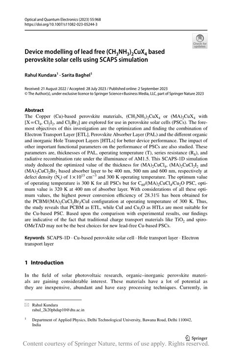 Device Modelling Of Lead Free Ch3nh32cux4 Based Perovskite Solar
