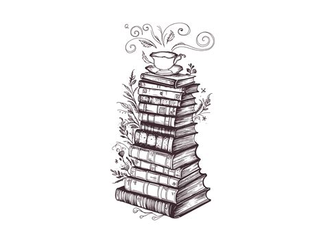Line Art Stack Of Books With Flowers Png Gráfico Por Phoenixvectorarts
