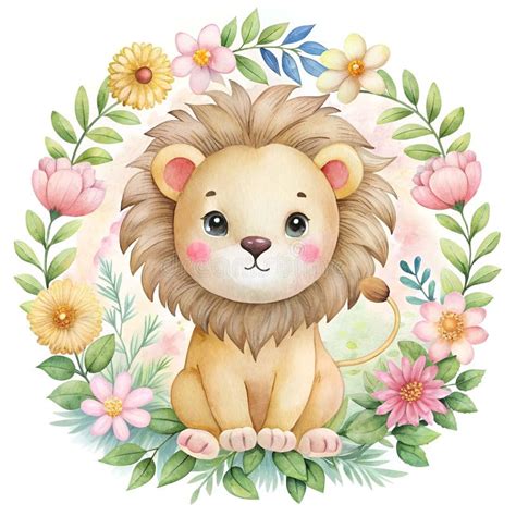 Adorable Lion Detailed Watercolor Art Pastel Colors Stock Illustration