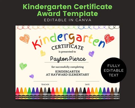 Editable Kindergarten Award Elementary Classroom Award Certificate Template Printable