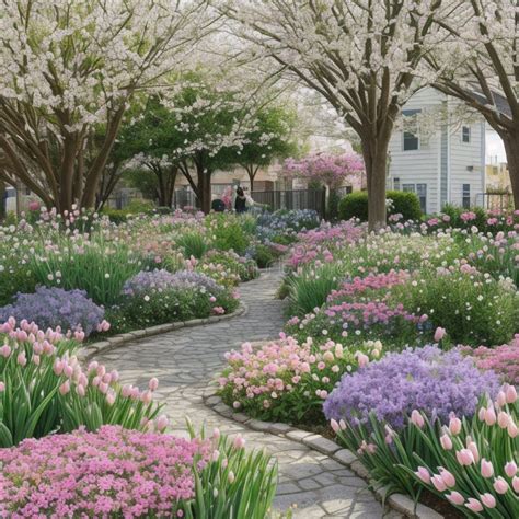 Spring Garden With Blooming Flowers And Pastel Colored Decorations