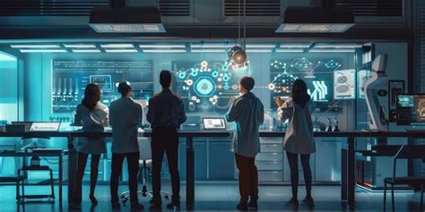 Scientists And Ai Robots Collaborate In A Lab For Advanced Research In