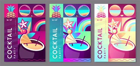 여름 속성을 가진 형광등 평면 여름 디스코 파티 포스터 세트입니다 피나 콜라다 칵테일 열대 과일 및 선글라스 벡터 일러스트 레이 션 무지개에 대한 스톡 벡터 아트 및 기타