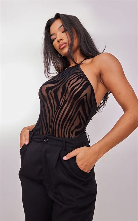 Black Zebra Flock Halter Bodysuit Tops Plt