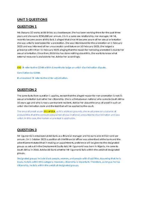 unit 5 questions summary labour law unit 5 questions question 1 ms skosana s works at bb