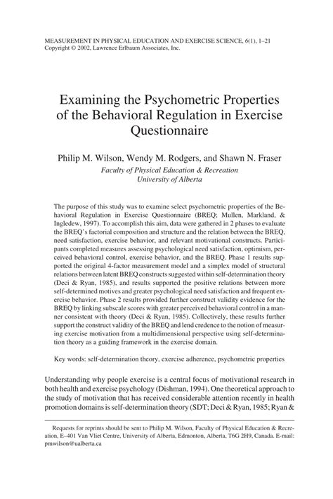 Pdf Examining The Psychometric Properties Of The Behavioral Regulation In Exercise Questionnaire