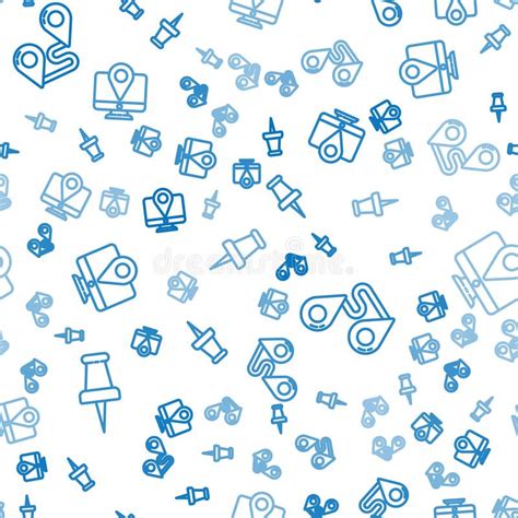 Set Line Push Pin Route Location And Monitor With Location Marker On Seamless Pattern Vector
