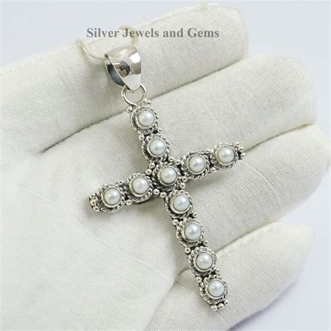 Freshwater Pearl Cross Pendant Sterling Silver Handmade Pearl Jewelry