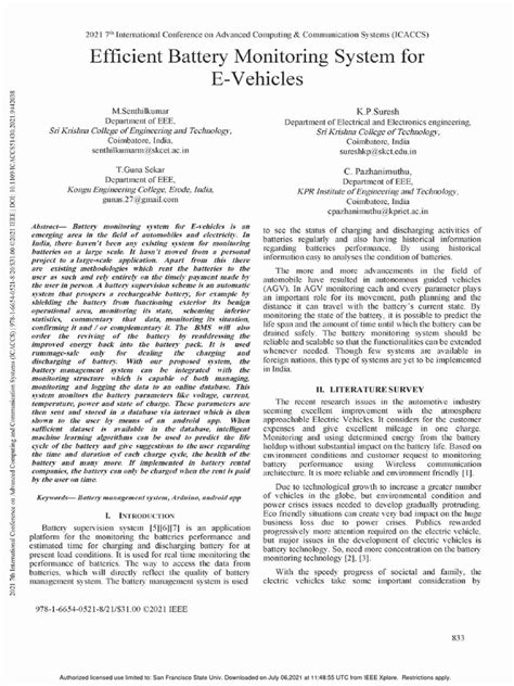 Efficient Battery Monitoring System For E Vehicles Pdf Rechargeable