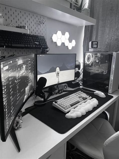 Pc Gaming Setup Black White Grey In 2025 Gaming Room Setup Game Room Design Bedroom Setup