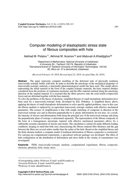 Pdf Computer Modeling Of Elastoplastic Stress State Of Fibrous Composites With Hole