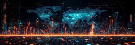 Global Network Futuristic Cityscape With Circuit Board Texture And World Map Digital Art