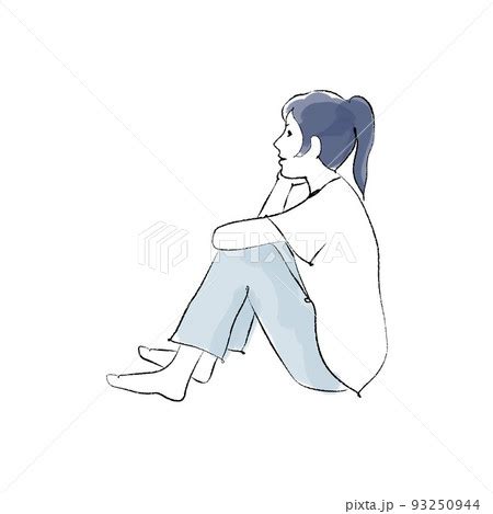頬杖をついて床に座る女の子 手描き風線画のイラスト素材 93250944 PIXTA
