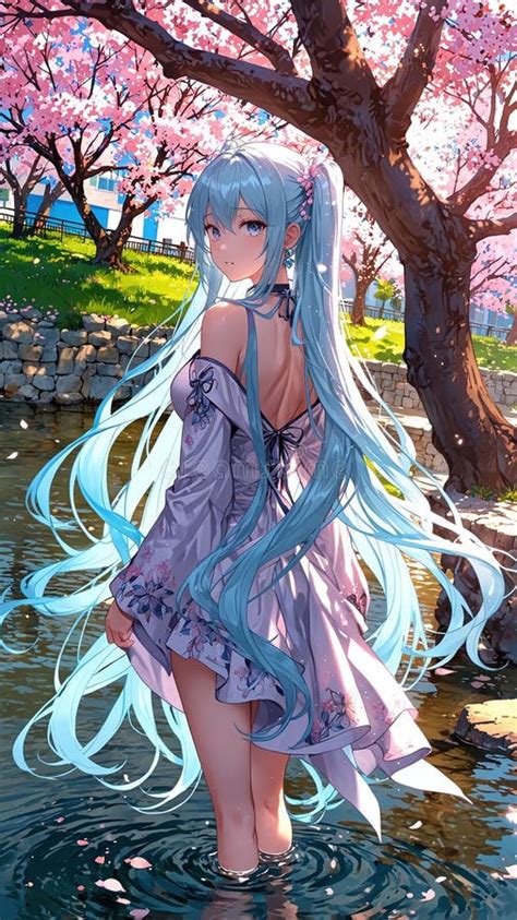 Beautiful Anime Girl With Long Blue Hair Standing By A River Under